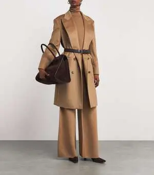 Max Mara Camel Wool Pea Coat With Peak Lapels