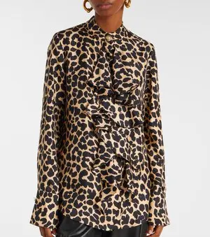 Balmain Leopard-print Ruffled Silk Blouse - Brown