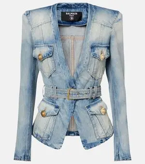 Balmain Belted Cotton Denim Jacket - Blue