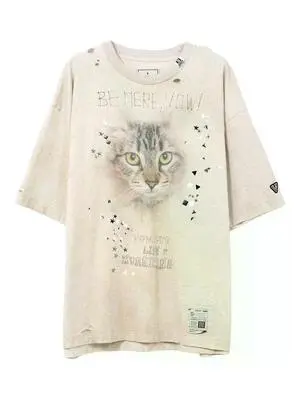 Mihara Yasuhiro Cat-print Distressed T-shirt - Grey