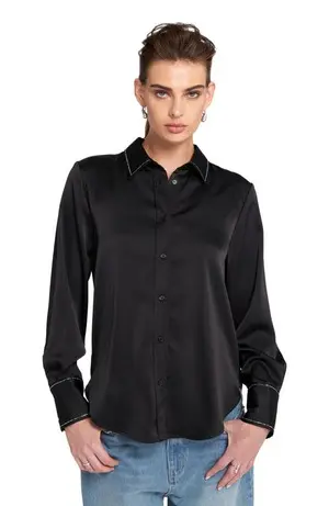 ELLE COLLECTION Satin Button-down Shirt With Sparkle Trim