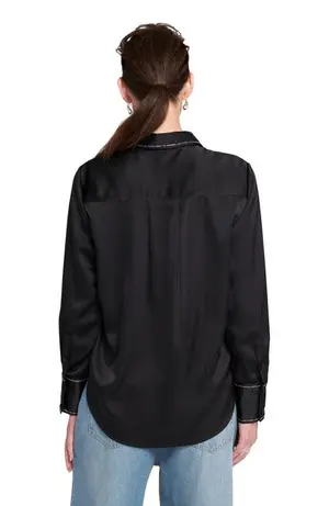 ELLE COLLECTION Satin Button-down Shirt With Sparkle Trim - Black/sparkle