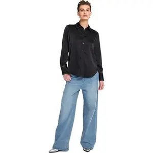 ELLE COLLECTION Satin Button-down Shirt With Sparkle Trim - Black/sparkle