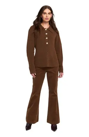 ELLE COLLECTION Fuzzy Knit Henley Sweater - Chocolate