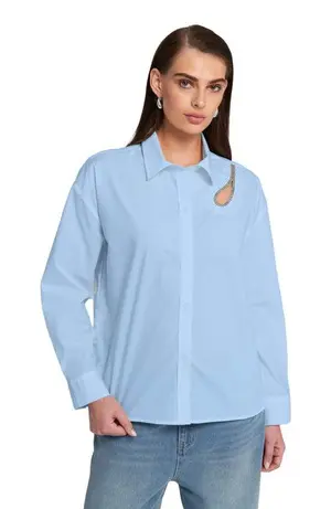ELLE COLLECTION Rhinestone Trim Cutout Cotton Shirt
