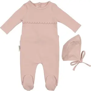 MANIÈRE Embroidered Yoke Footie & Hat Set - Powder Pink