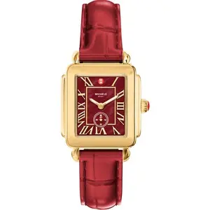 Michele Deco Sport Mid Leather Strap Watch - Red
