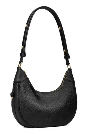 Tory Burch T Monogram Pebble Leather Crescent Shoulder Bag - Black