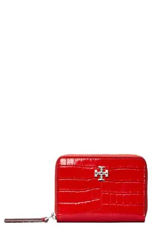 Tory Burch Small Kira Croc Texture Leather Zip Wallet - Red Sky