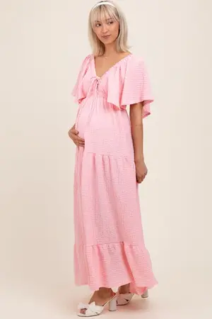 PINKBLUSH Woven Textured Flutter Sleeve V-neck Tiered Maxi Dress - Light Pink