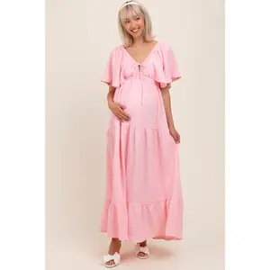 PINKBLUSH Woven Textured Flutter Sleeve V-neck Tiered Maxi Dress