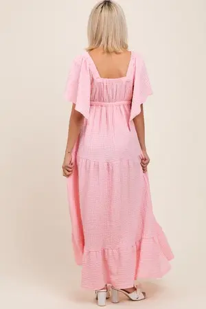PINKBLUSH Woven Textured Flutter Sleeve V-neck Tiered Maxi Dress