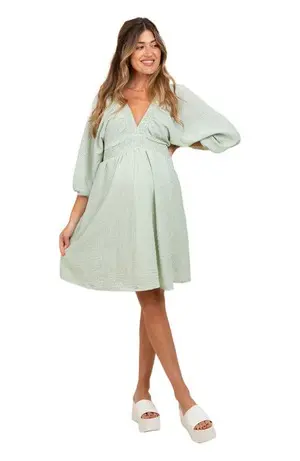PINKBLUSH Striped Balloon Sleeve V-neck Dress - Light Olive