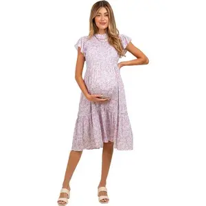 PINKBLUSH Floral Mock Neck Ruffle Sleeve Midi Dress - Pink