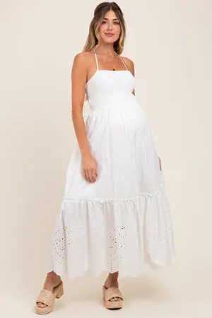 PINKBLUSH Smocked Open Back Lace Hem Maxi Dress