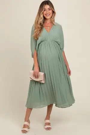 PINKBLUSH Pleated V Neck Maxi Dress - Light Olive