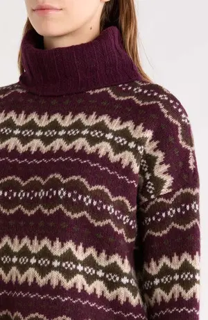 Barbour Fair Isle Wool-blend Turtleneck Tunic Sweater - Fig Multi