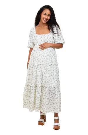 PINKBLUSH Floral Smocked Ruffle Tiered Maxi Dress - Blue