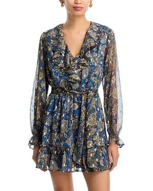 Aqua Metallic Ruffle Trim Dress