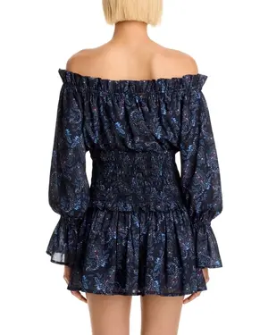 Aqua Off-the-shoulder Smocked Mini Dress