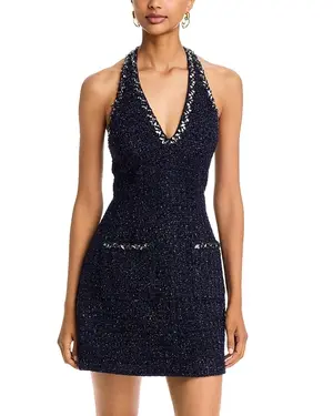 Aqua Tweed Halter Mini Dress - Navy