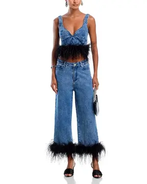 Aqua Feather Trimmed Denim Crop Top