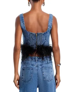 Aqua Feather Trimmed Denim Crop Top