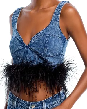 Aqua Feather Trimmed Denim Crop Top