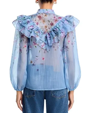 Aqua Placed Floral Ruffled Long Sleeve Blouse