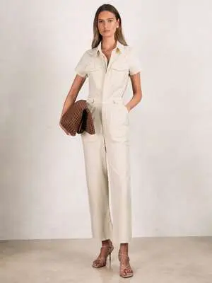 Good American Cotton Twill Palazzo Jumpsuit - Ecru