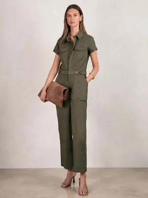 Good American Cotton Twill Palazzo Jumpsuit - Khaki