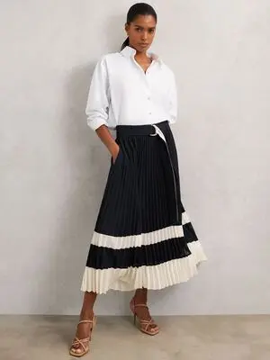 REISS Belted Pleated Midi Skirt - Navy/ivory