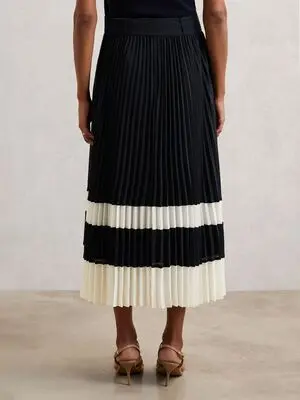 REISS Belted Pleated Midi Skirt - Navy/ivory