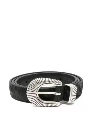 ORTIGNI Textured Leather Sunray Buckle Belt - Black