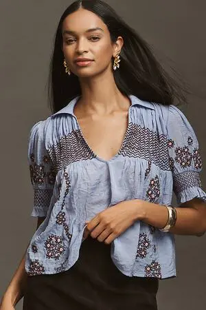 Anthropologie Short-sleeve Embroidered Top - Blue