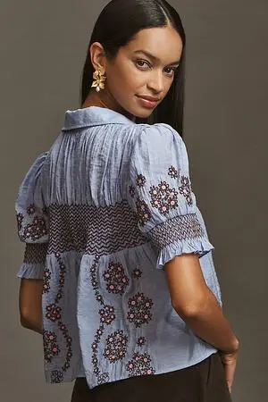 Anthropologie Short-sleeve Embroidered Top