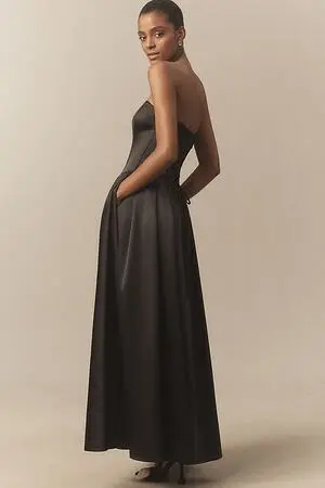 Bhldn Miley Strapless Drop-waist High-shine Satin Maxi Dress - Black