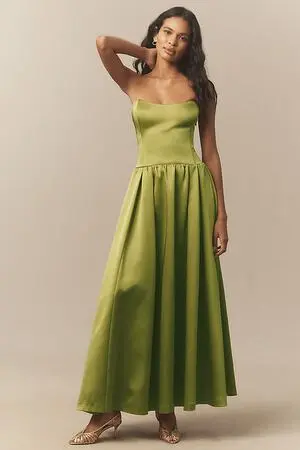 Bhldn Miley Strapless Drop-waist High-shine Satin Maxi Dress - Olive Green