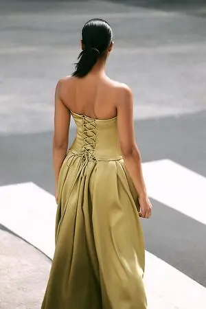 Bhldn Miley Strapless Drop-waist High-shine Satin Maxi Dress - Olive Green