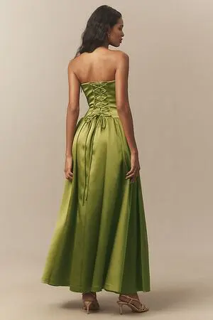Bhldn Miley Strapless Drop-waist High-shine Satin Maxi Dress - Olive Green