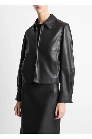 Vince Leather Cropped Zip-front Jacket - Black