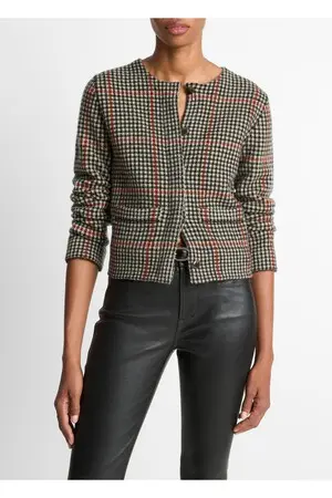Vince Glen Plaid Wool-Cashmere Cardigan Jacket - Black