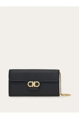 FERRAGAMO Gancini Wallet With Shoulder Strap - Black