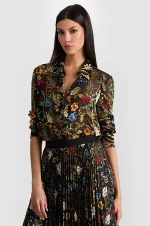 Alice + Olivia Willa Floral Silk Blouse - Black