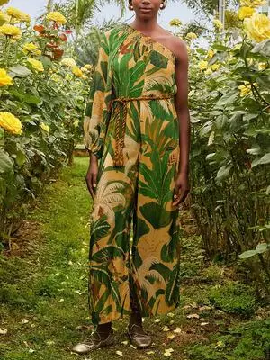 Farm Rio One-shoulder Tropical-print Jumpsuit