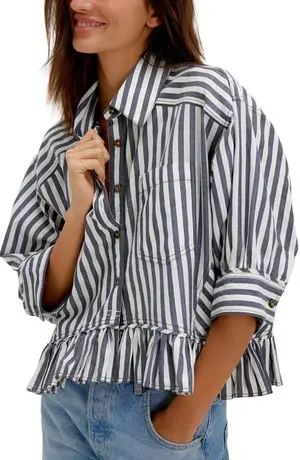 Free People Striped Ruffle Hem Button-up Shirt - Nautical Navy Combo