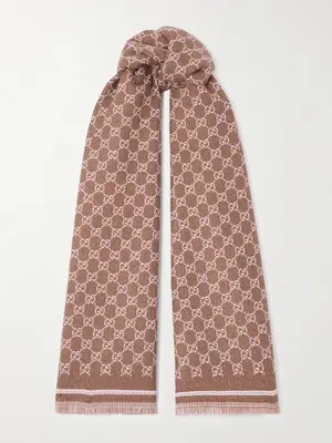 Gucci Fringed Metallic Wool-jacquard Scarf - Brown