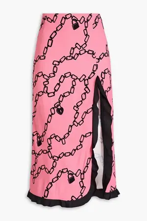 Red Valentino Printed Crepe Midi Skirt With Ruffled Trims