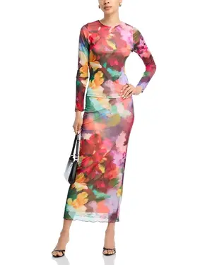 Aqua Floral Mesh Long Sleeve Top