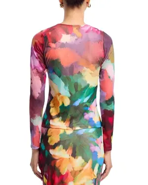 Aqua Floral Mesh Long Sleeve Top